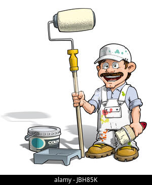 Cartoon illustration of a handyman - Painter standing by a paint bucket ...