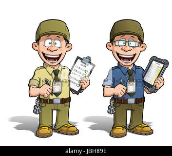 Cartoon illustration of a happy supervisor filling a check list. Two ...