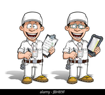 Cartoon illustration of a happy supervisor filling a check list. Two ...