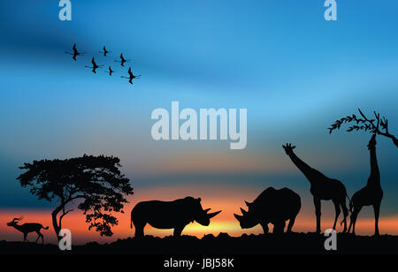 African wildlife sunrise. African safari illustration card Stock Photo ...