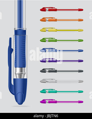 Close up of colorful gel pens arranged in rainbow palette order inside ...