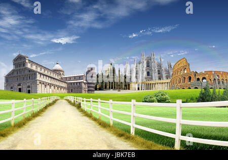 Grassland with Italian Landmarks in the background and blue sky and ...