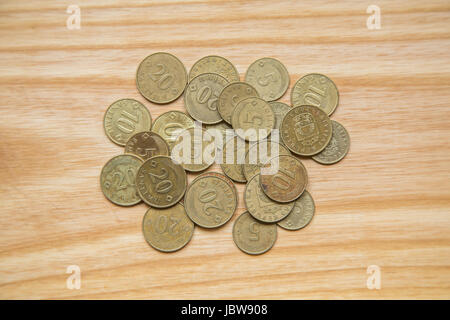 Old Latvian coins on a wooden backgrouns. Lats and centimes Stock Photo ...