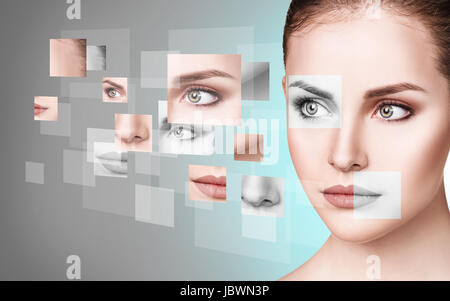 Young woman's face collected from different parts over gray background ...