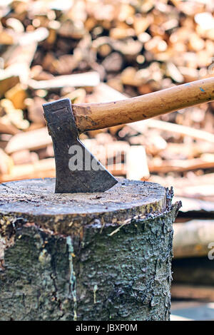 Axe in stump. Axe ready for cutting timber. Woodworking tool ...
