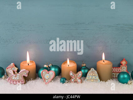 Four blue turquoise candles for Advent, Christmas decoration, wooden ...