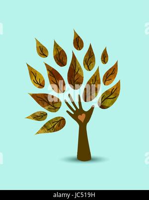 Hand tree art with wood texture and green leaves. Concept illustration ...