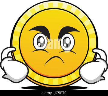 Cute golden coin character with angry emotions, grumpy face, furious ...
