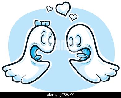 Couple cute ghosts. Halloween cartoon characters doodle. Hand drawn ...