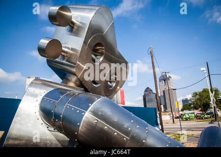 Metal sculpture "Traveling Man", in the Deep Ellum neighborhood of ...