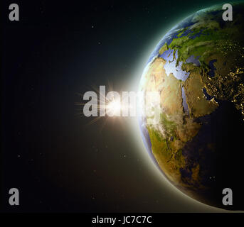 Middle East as seen from Earth's orbit during sunrise with brightly ...