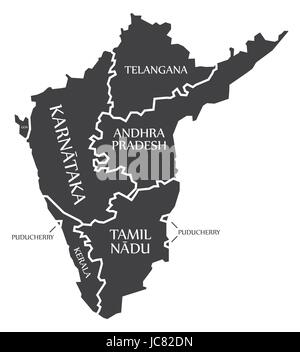 South India region map labelled black illustration Stock Vector Image ...