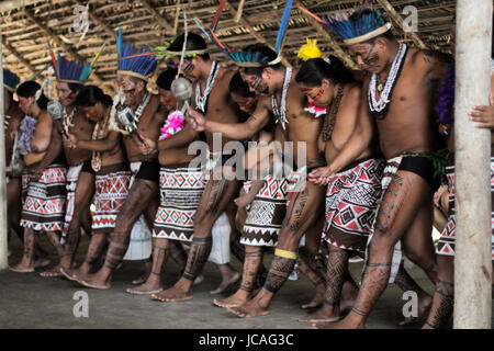 MANAUS, 10.06.2017: Members of the Tuyuka tribe dance on his village in ...