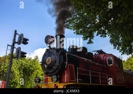 Steam locomotive with the smoke blowing off out of the smokestack Stock ...