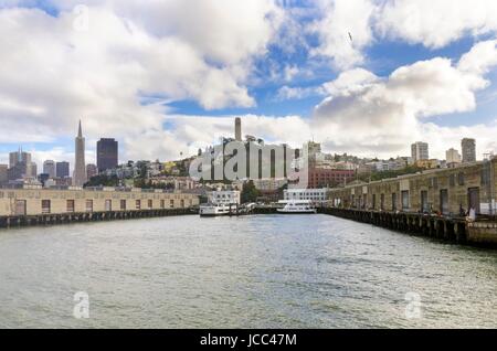 Pier 33 on The Embarcadero at Fisherman's wharf and Coit tower in San ...