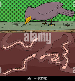 Four cartoon worms digging underground through tunnels Stock Photo - Alamy