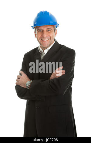 Portrait of successfull architect wearing blue hard hat. Isolated on ...