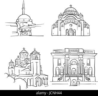Belgrade Serbia famous architecture. Outlined vector sketch separated ...