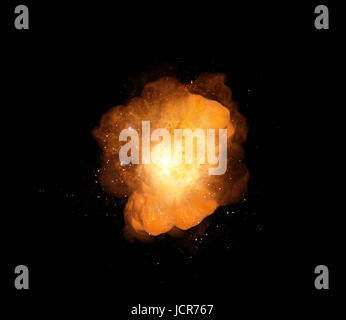 Huge, extremely hot explosion with sparks and hot smoke, against black ...