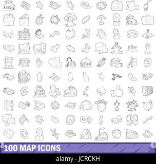 100 map icons set. Outline illustration of 100 map icons vector set ...