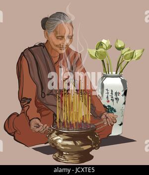 Sacred chinese Buddha in lotus, Buddhism religion symbol color outline ...