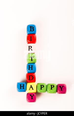 Baby Blocks spelling the words HAPPY BIRTHDAY colored letter cube Stock ...