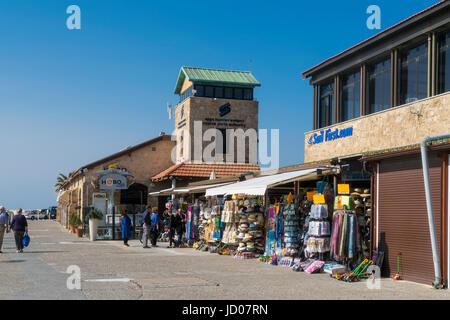 Paphos harbour, tourist area, souvenir shops, fisherboy statue, sea ...