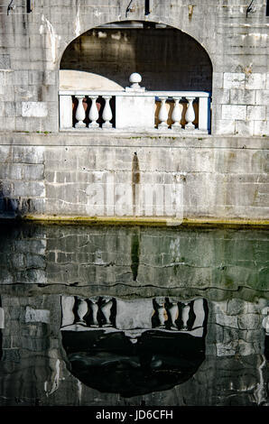River Ljubljanica bank Triple Bridge in old city center in Ljubljana ...