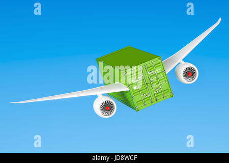 3d rendering cargo plane flying above stack of containers at container ...