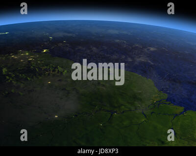 Amazon rainforest at night as seen from Earth's orbit in space. 3D ...