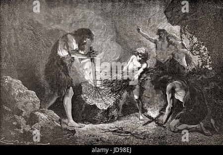 Prehistoric man with fire. Historical illustration of a prehistoric man ...