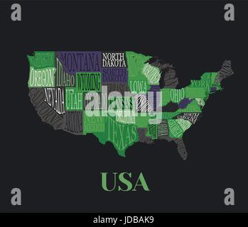 Poster map of United States of America with state names and abstract ...