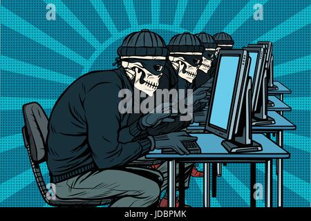 Dead skeleton hacker hacked computer. Pop art retro vector illustration ...