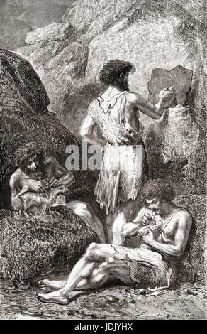 Drawing of an ancient Stone Age man in a cave. Prehistoric painting ...