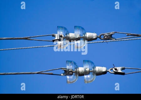 Railroad overhead lines against clear blue sky, Contact wire. High ...