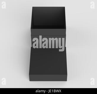 elevated view black 3d rendering blank square box with separate lid ...
