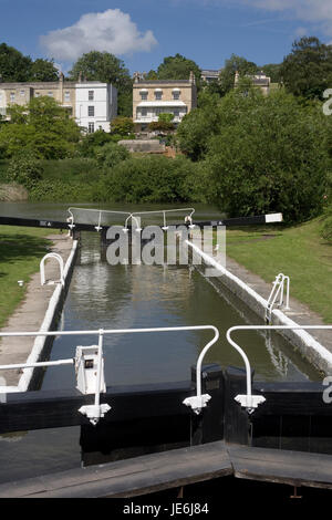 A lock full of Canal and River Trust work boats in Wigan at lock 87 ...