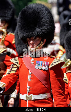 The guards wearing red coats & bearskin hats perform a traditional ...