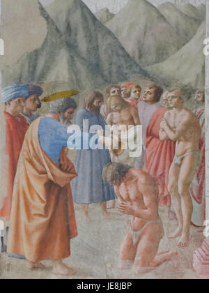 Masaccio's fresco 'Baptism of the Neophytes' in the Brancacci Chapel ...