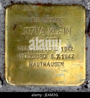 The image shows a Stolperstein, a memorial stone installed in the ...