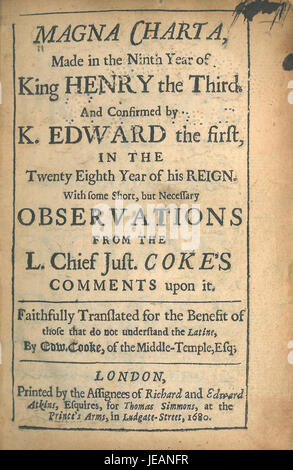Edward Cooke (translator), Magna Charta (1680, title page Stock Photo ...
