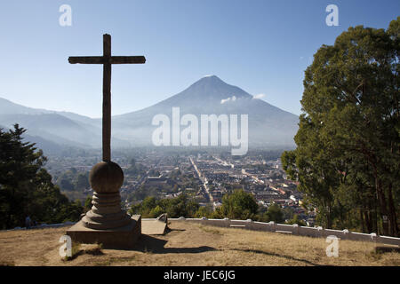 Guatemala, Antigua Guatemala, Cerro de la Cruz, cross, view, volcano ...