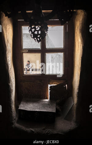 India, Ladakh, Zanskar, Stongde Monastery, Wheel of Life mandala wall ...