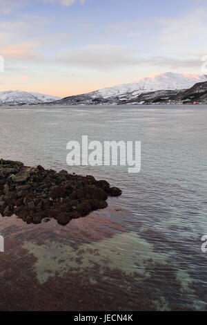 Strait from fjord to sea between rocks in the Lofoten islands ...