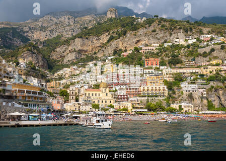 Positano, Italy - Septamber 1, 2016: View of the beach in famous and ...