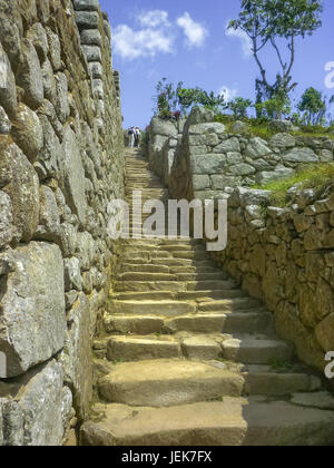Steep stair at Machu Picchu ancient Inca city at the Andes Peru Stock ...