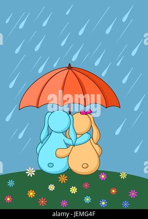 Rabbit under umbrella. Cartoon happy bunny in rain weather isolated on ...