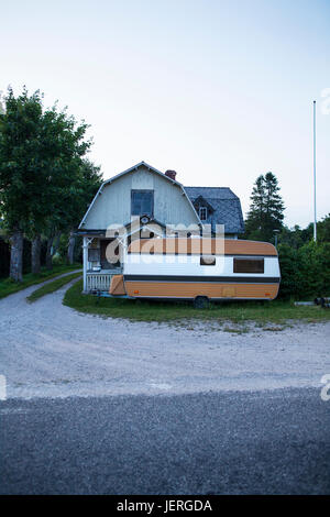 wooden caravan outdoor at camping Stock Photo - Alamy