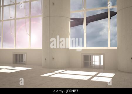 Airplane flying past window at sunrise Stock Photo - Alamy