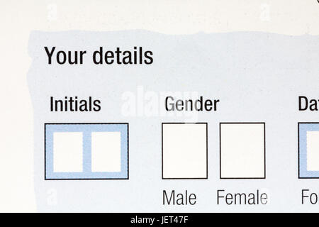 Boxes on form to complete for gender with options of male or female ...